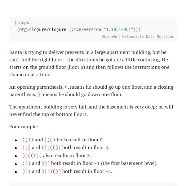 Advent of Code 2015 - Day 1 - Not Quite Lisp - Nextjournal Advent of Code 2015 - Day 1 - Not Quite Lisp - Nextjournal